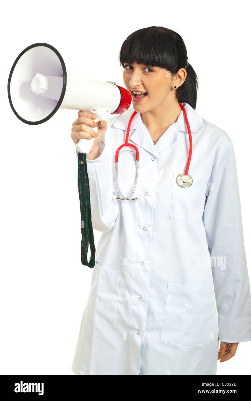 Happy doctor woman make an announcement through megaphone isolated on ...