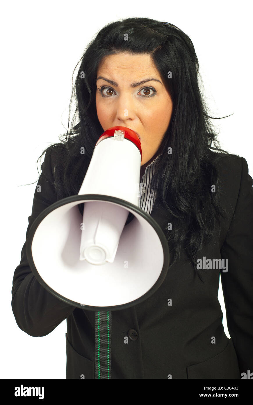 Business woman screaming into loudspeaker isolate don white background ...