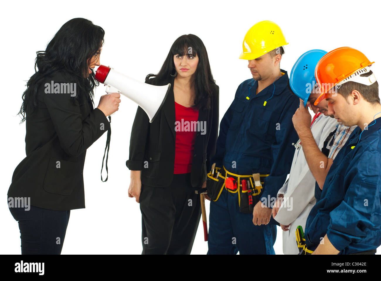 Furious manager woman shouting in megaphone to a teamwork isolated on ...