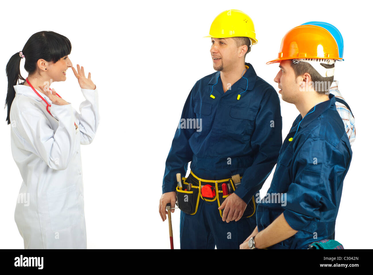 Doctor woman having happy conversation with workers team and showing ...