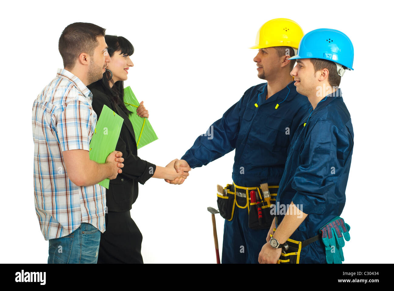 Family husband and wife giving handshake with workers men team against ...