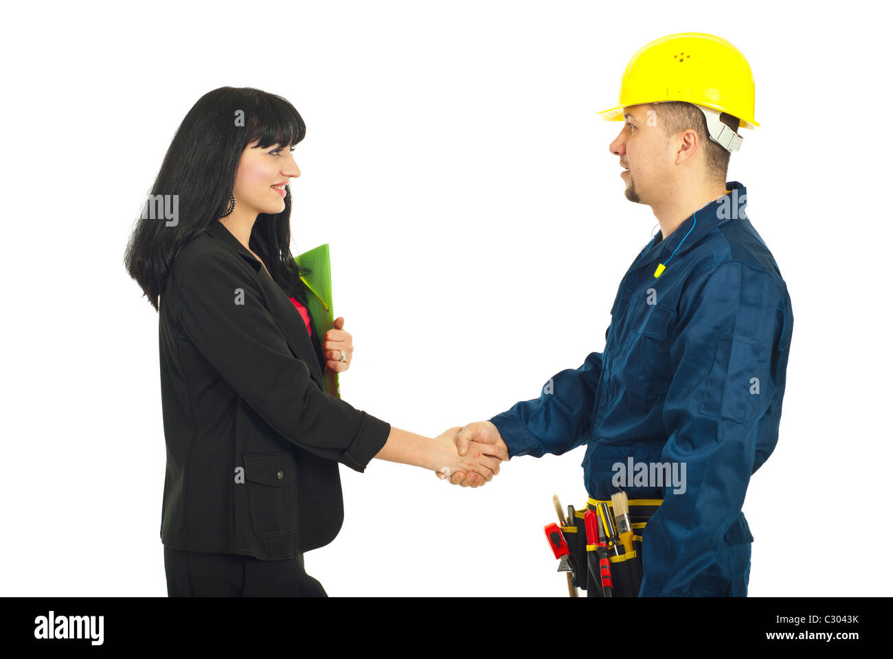 Business woman giving handshake with constructor worker isolated on ...