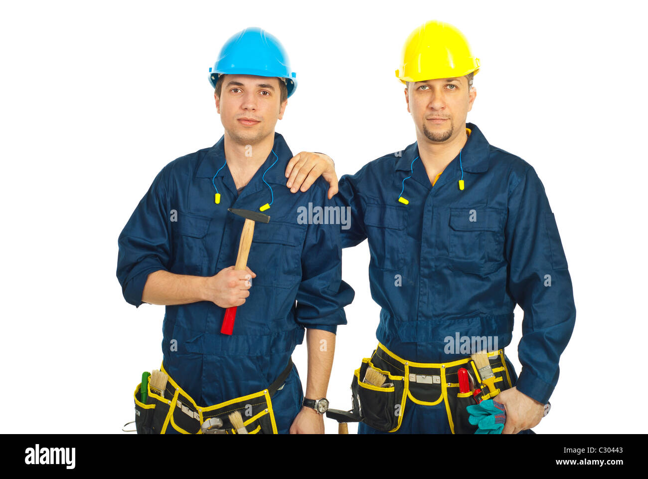 Two beauty constructors workers team isolated on white background Stock ...