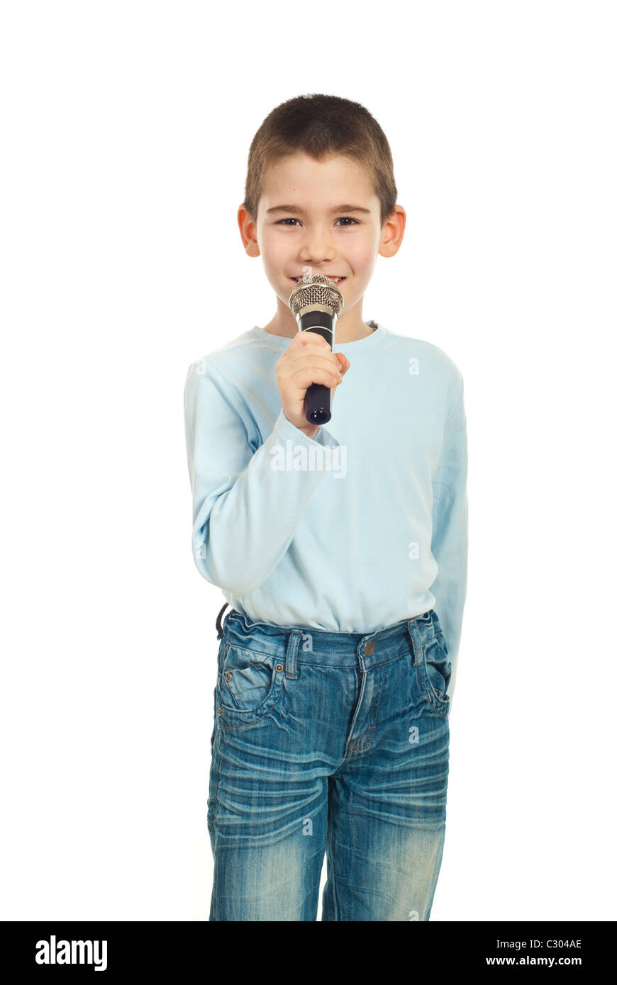 Little singer boy with microphone against white background Stock Photo ...