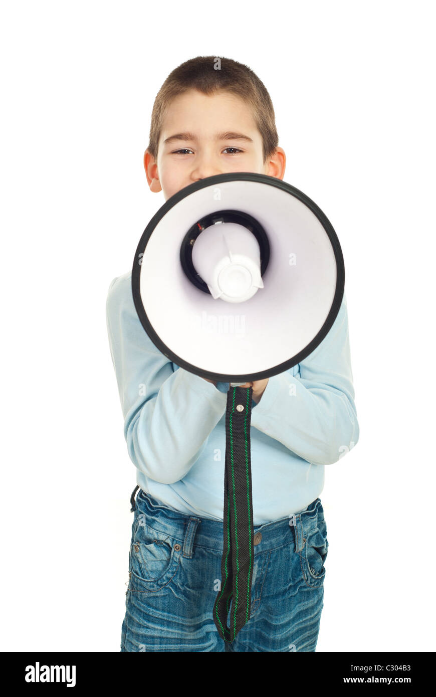 Boy speaking through loudspeaker isolated on white background Stock ...
