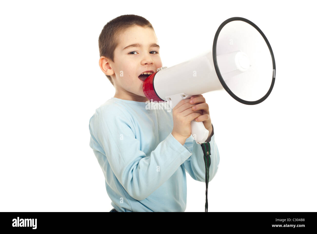 Kid boy shouting in a megaphone isolated on white background Stock ...