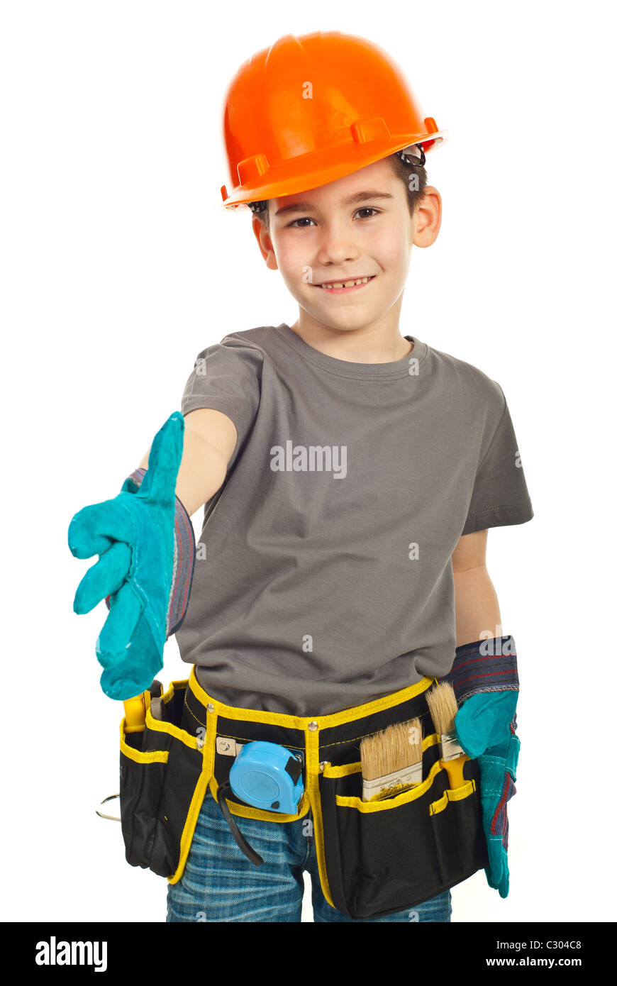Small worker boy with helmet giving hand shake with a big protective ...
