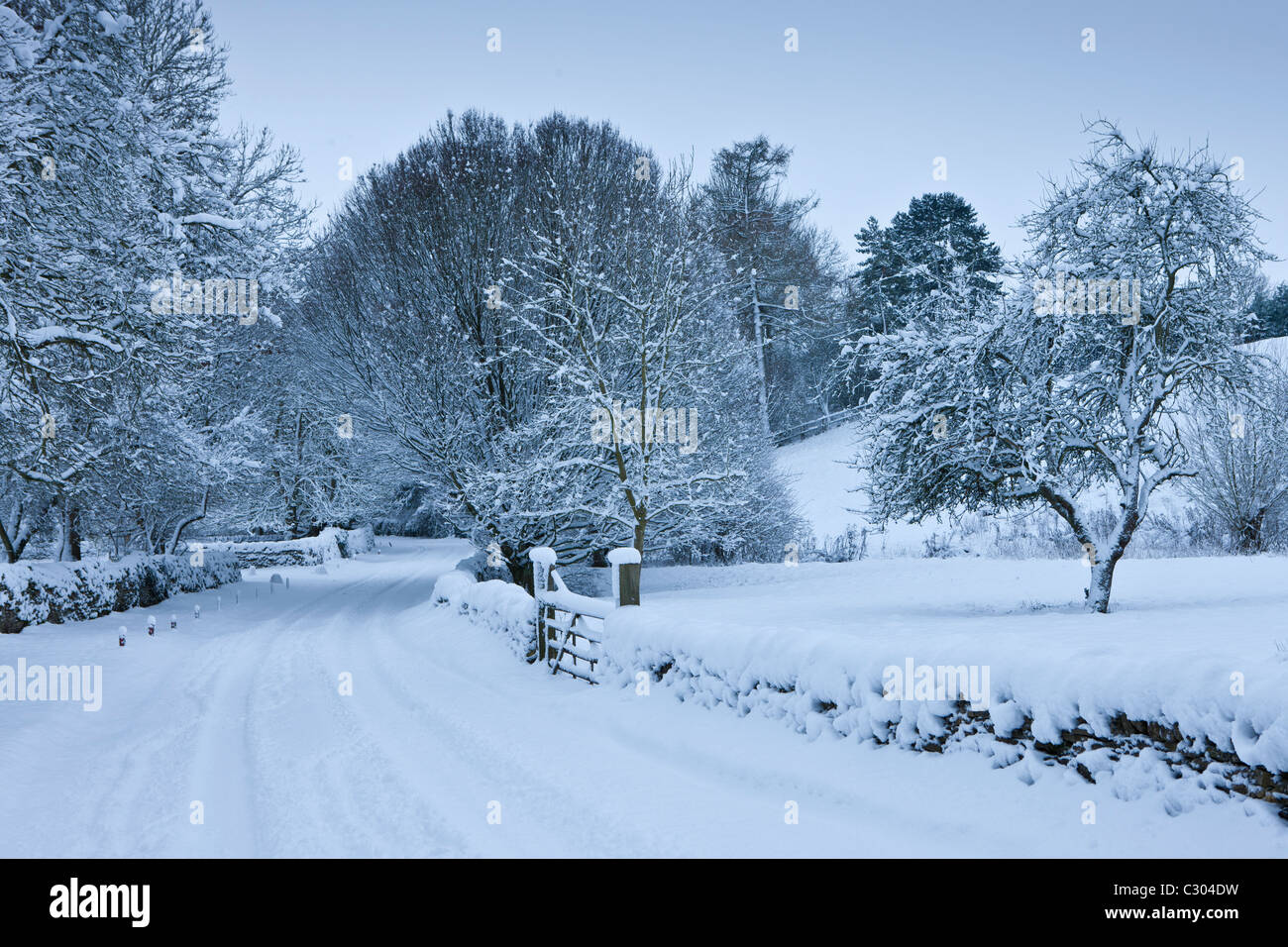 Traditional snow scene in a country lane in The Cotswolds, Swinbrook ...