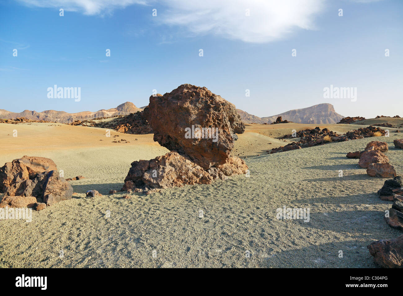 Volcanic desert at Tenerife Canary island. Blue sky, arid dry sand heat ...