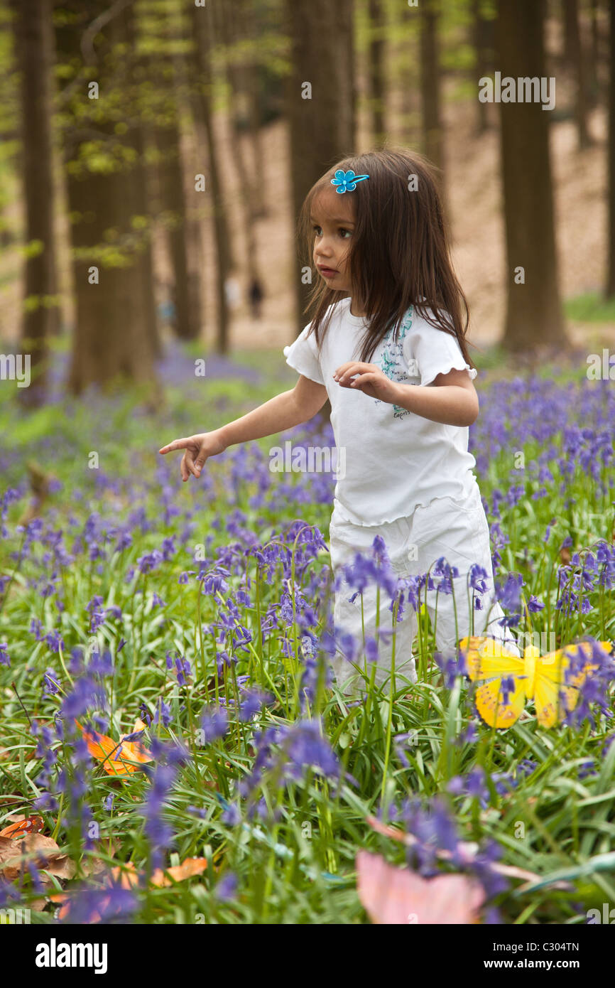 little girl looking for butterflies between the flowers Stock Photo - Alamy