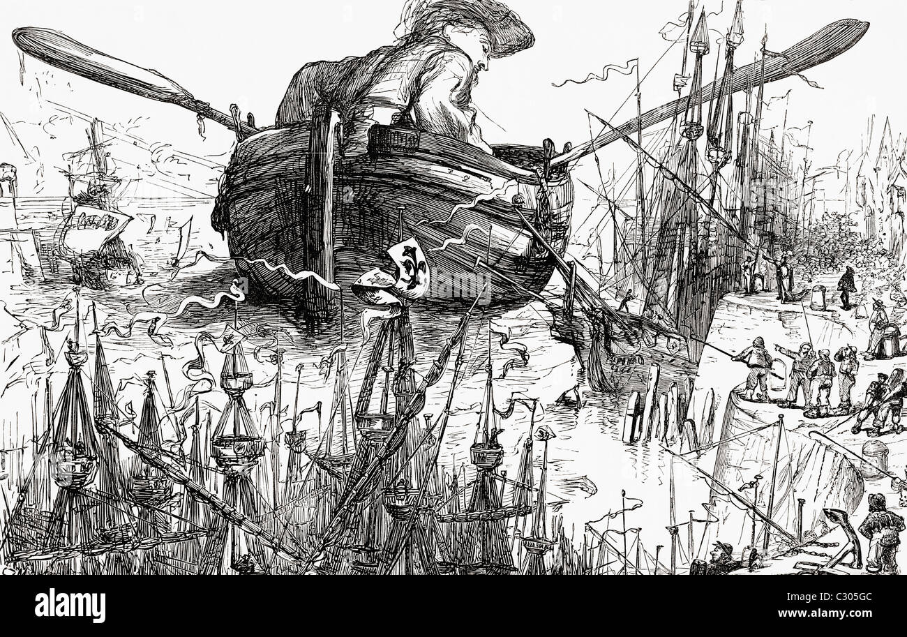 Gulliver arriving at the port of Blefuscu. Illustration from Gulliver's ...