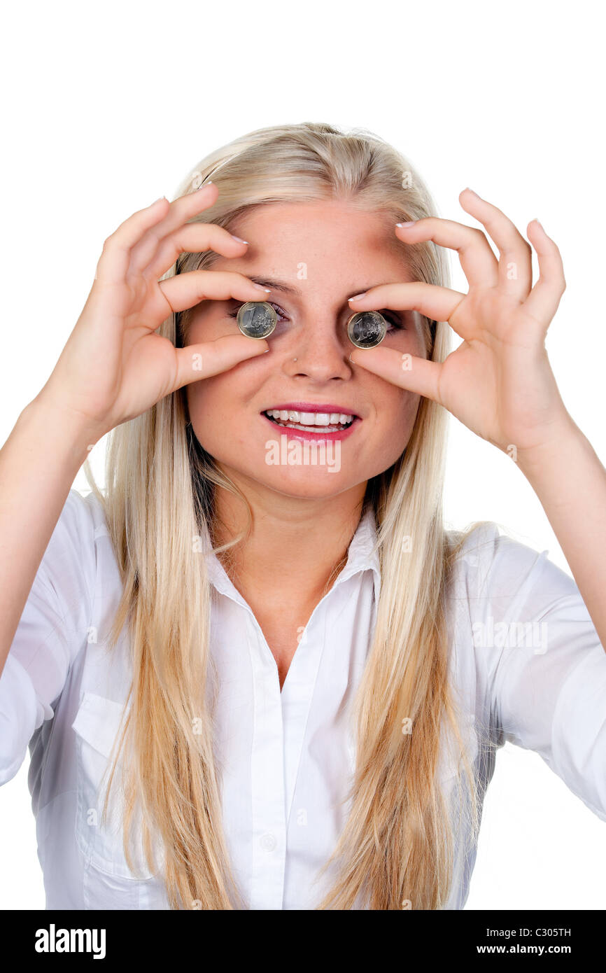 Woman with € coins in the eyes Stock Photo - Alamy