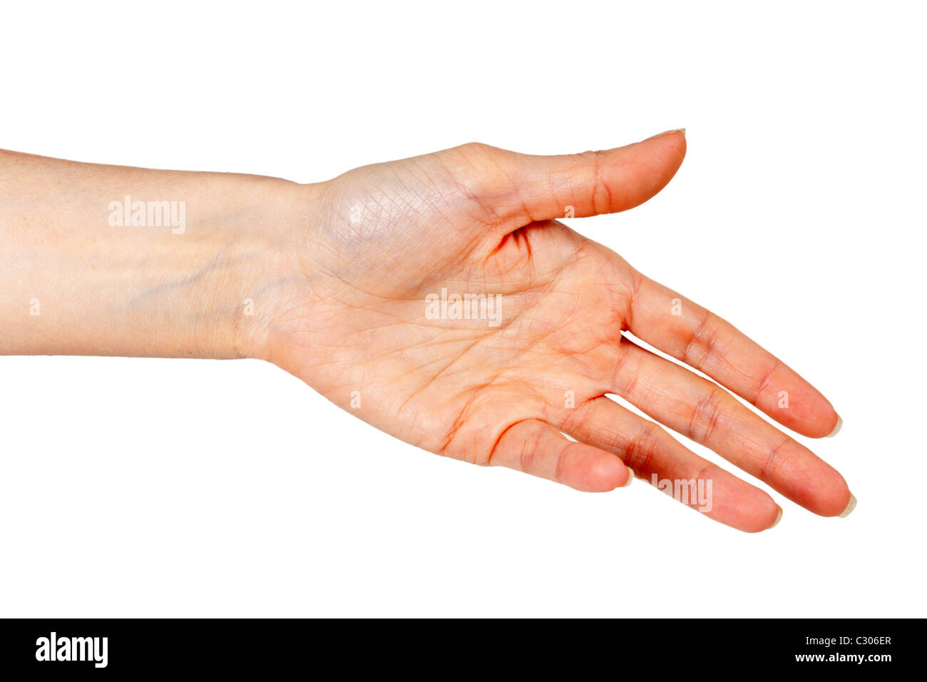 woman's hand, palm outstretched on a white background Stock Photo - Alamy