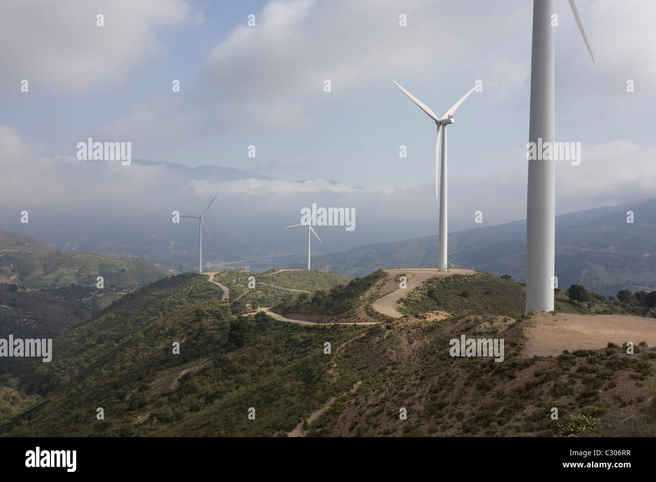 Wind farm turbine blades on hilltop of Sierra Nevada foothills Stock ...