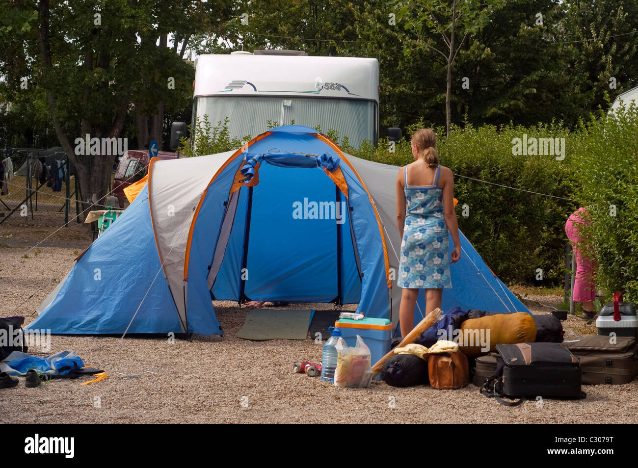 Paris, France, Teenage Girl Standing by Tent, Tourist Camp in Woods ... Paris, France, Teenage Girl Standing by Tent, Tourist Camp in Woods ...