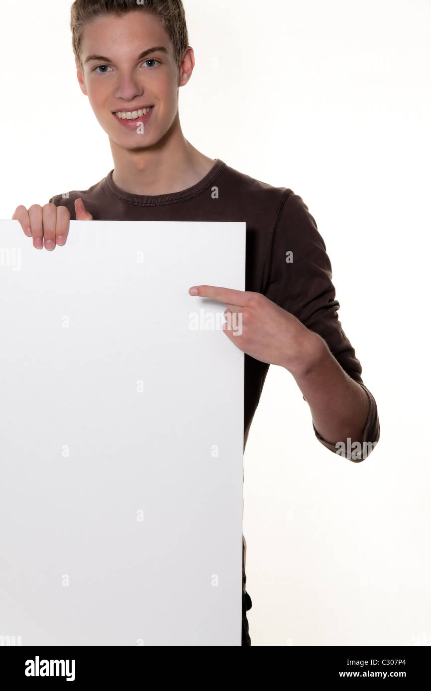 Young man a wake empty poster for notice Stock Photo - Alamy