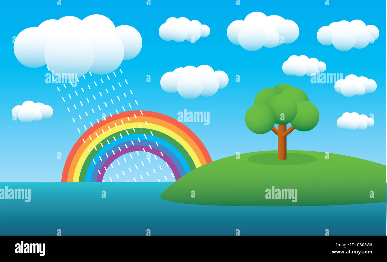 tree on island, clouds, summer rain and rainbow Stock Photo - Alamy