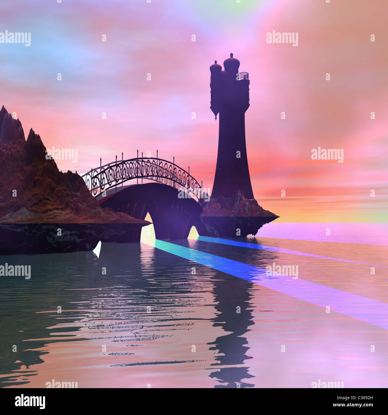 Fantasy lighthouse and bridge Stock Photo - Alamy