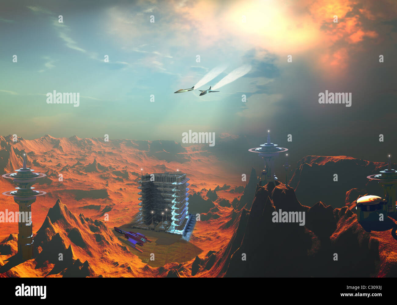 Two aircraft fly over an enemy base of operations Stock Photo - Alamy