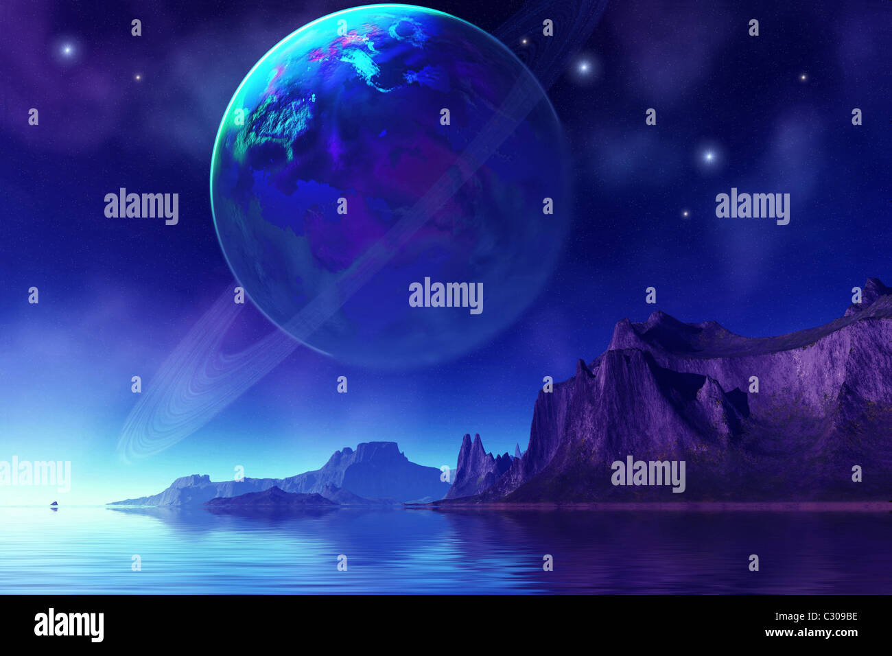 Cosmic seascape on another world with a beautiful ringed planet in the ...