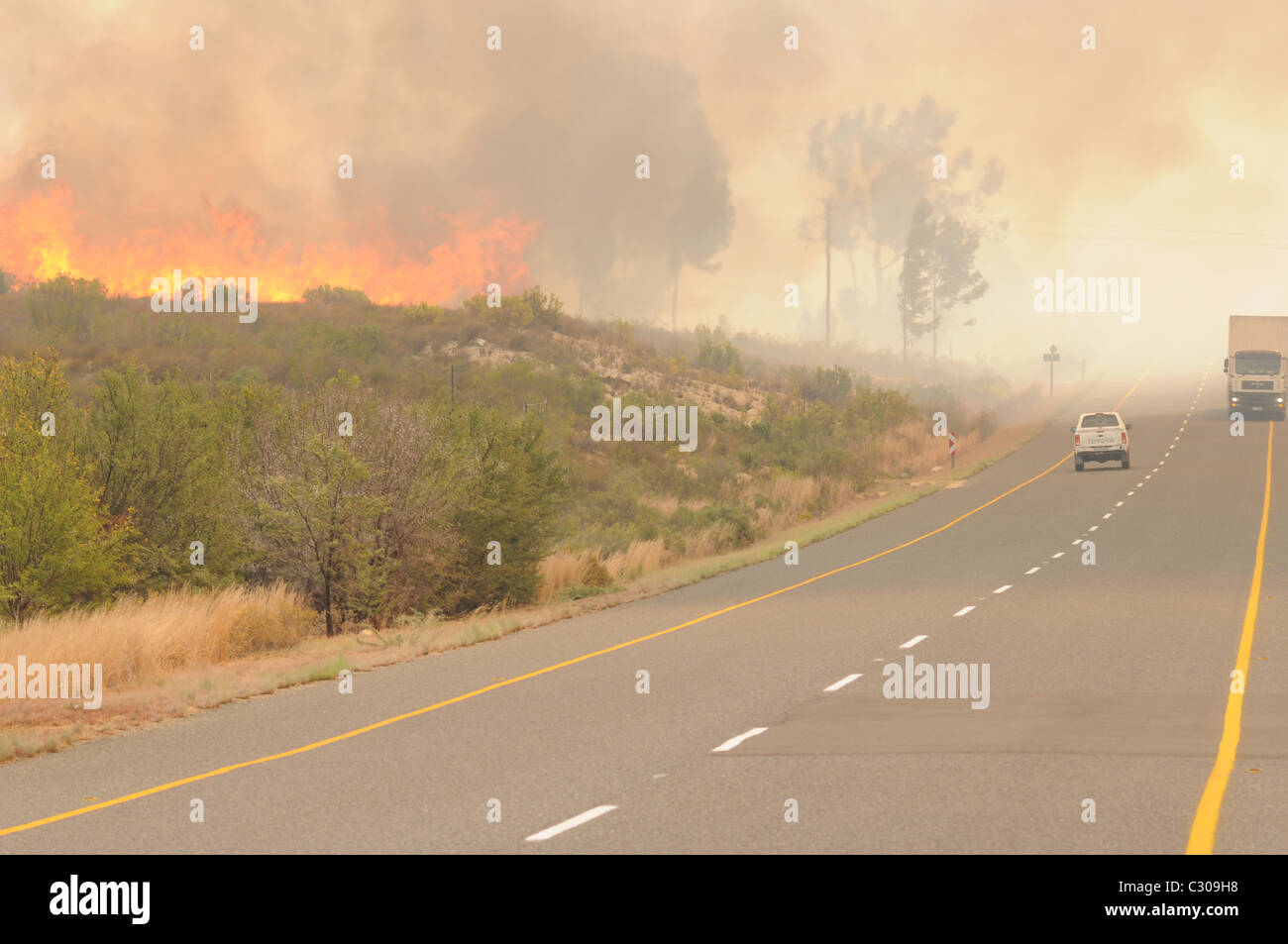 Bush fire, road, cars, smoke, flames, dark skies Stock Photo - Alamy