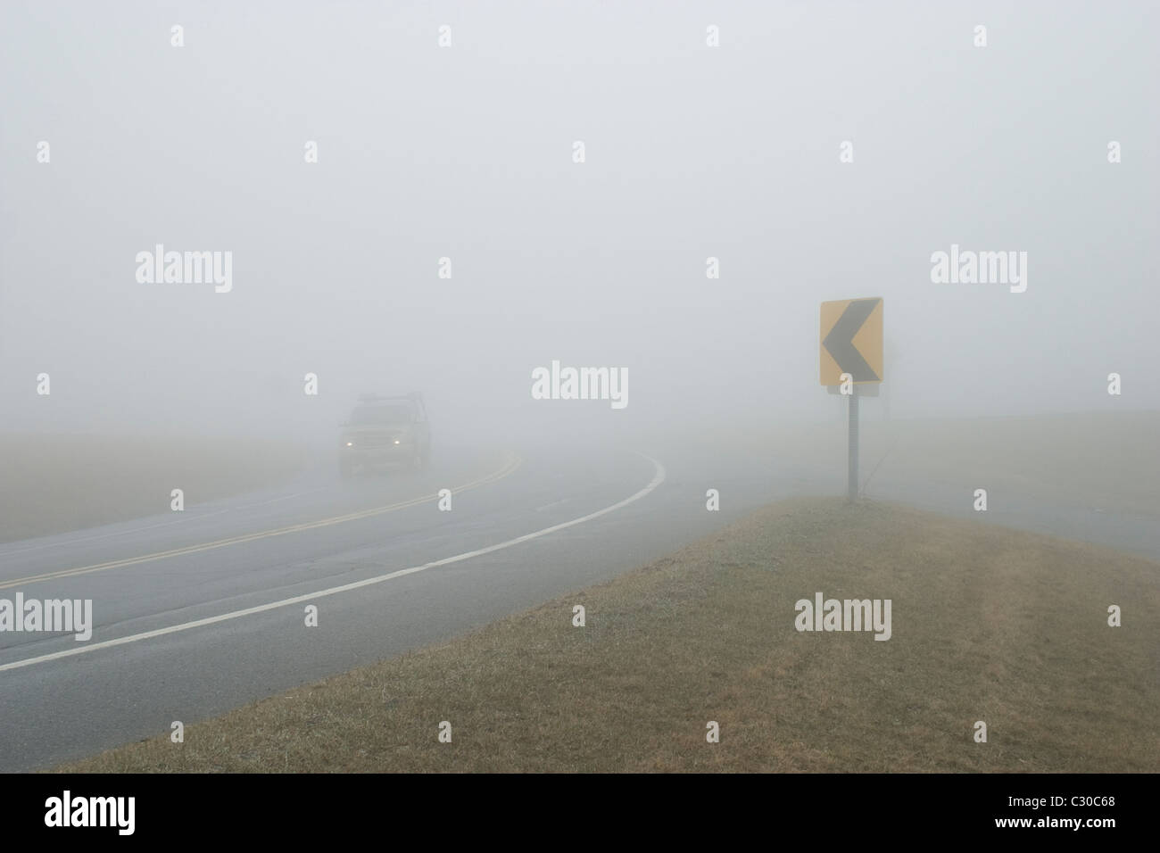 A dangerous spring fog obscures the Mohawk Trail, Route 2, in North ...
