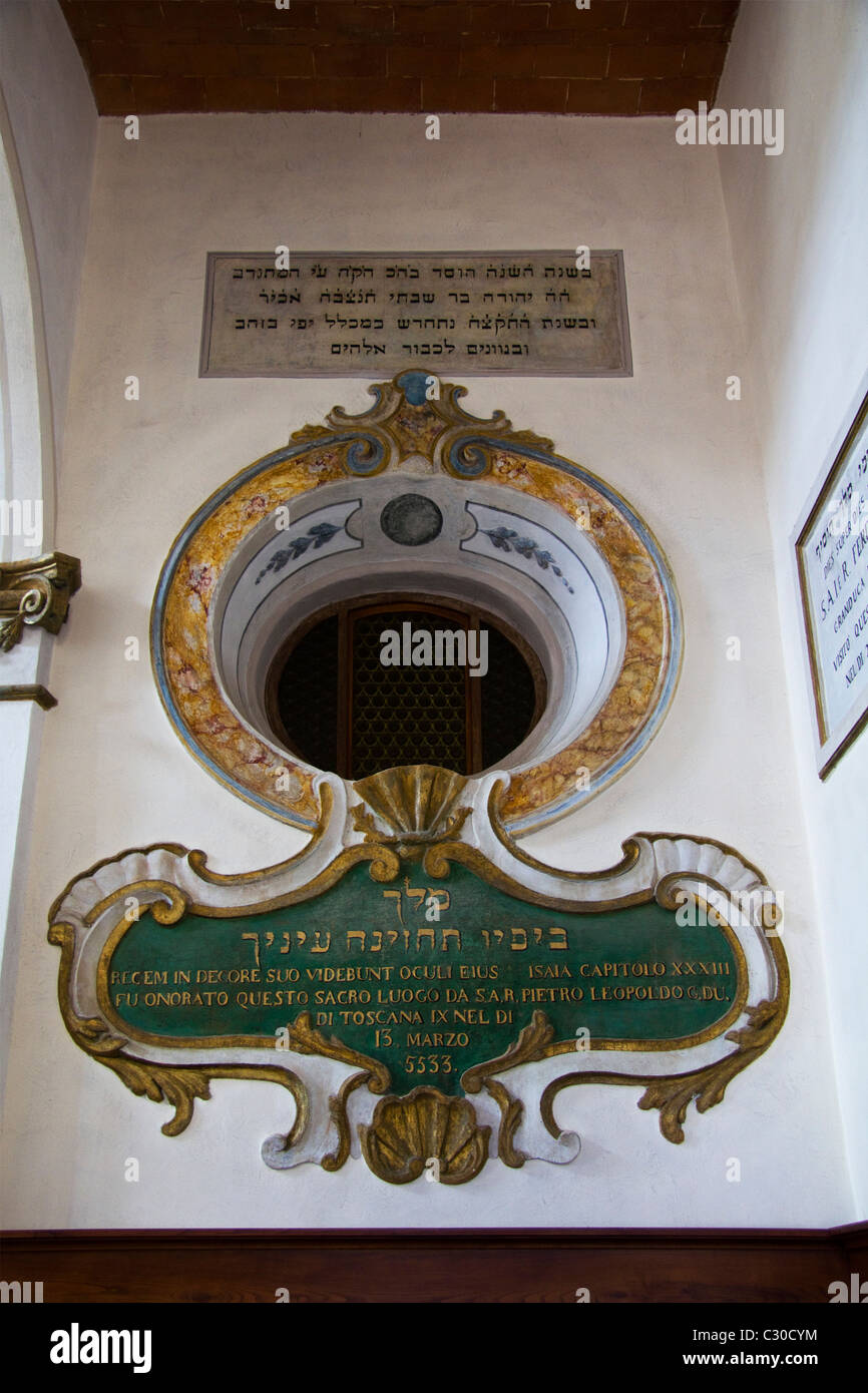 Detail inside the synagogue in the historical town of Pitigliano ...