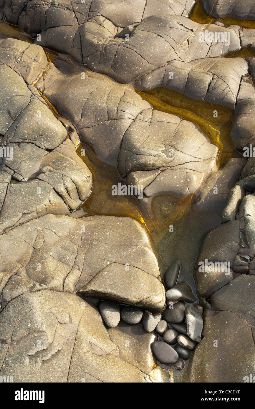 England, Northumberland, Craster. Rocks sculptured by the north sea ...