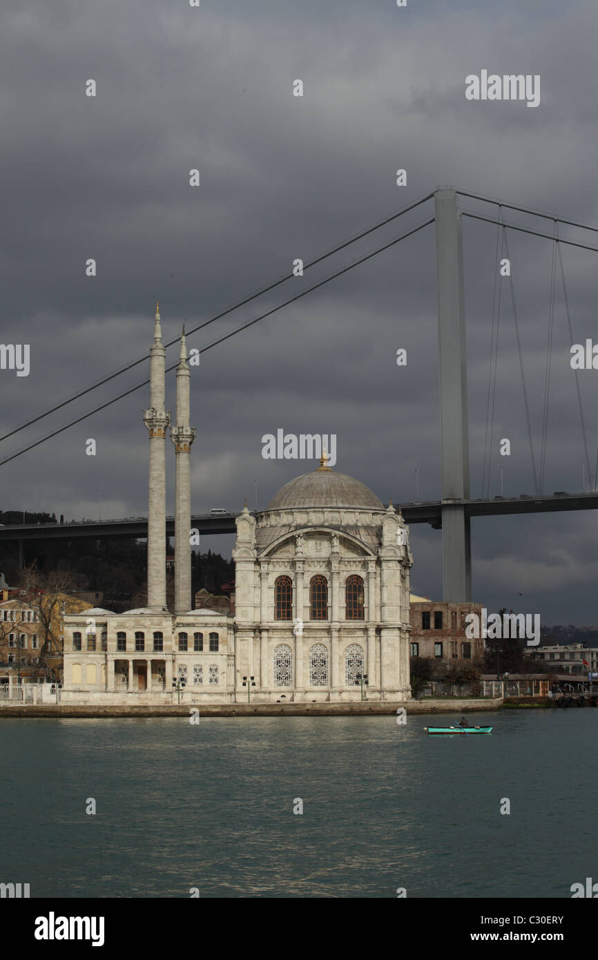 View of the Ottoman Neo-Baroque style Ortaköy Mosque and the Bosphorus ...