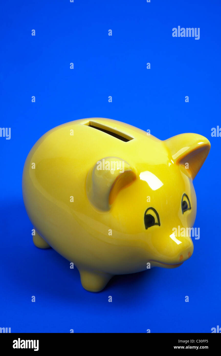 Yellow piggy bank isolated on blue background Stock Photo - Alamy
