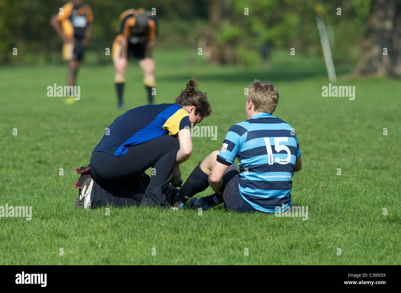 physiotherapist atteneding injured rugby player Stock Photo - Alamy
