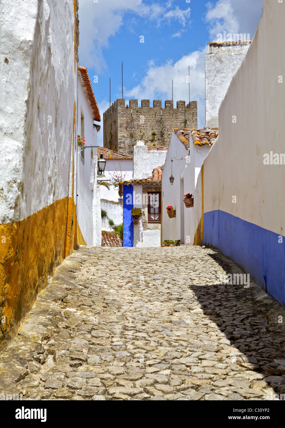 Medieval Cobblestone Street of the Medieval Town of Obidos Stock Photo ...
