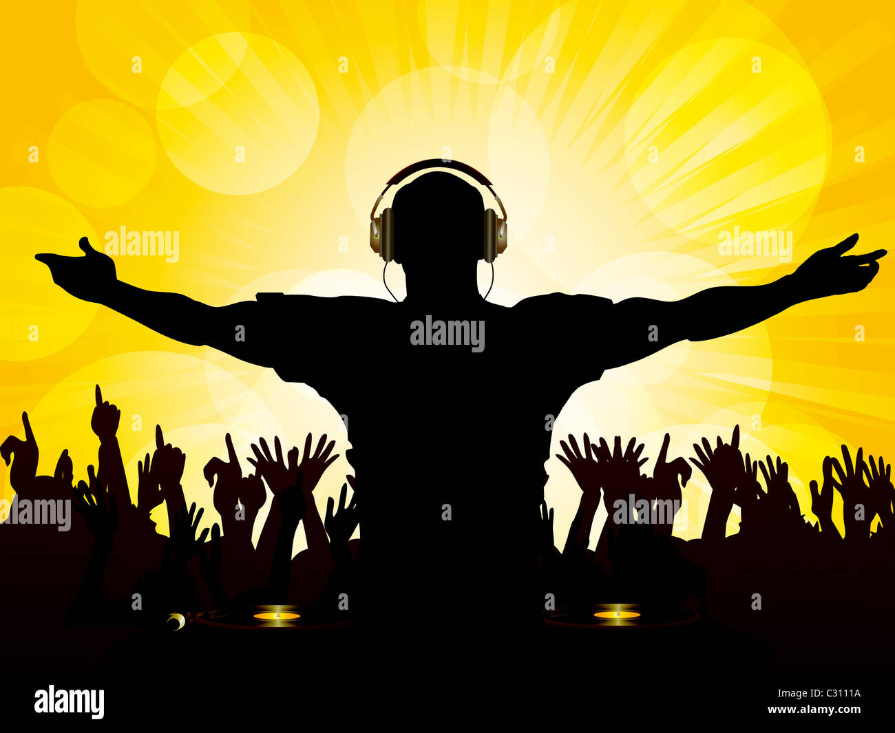 DJ entertaining crowd on a yellow background Stock Photo - Alamy