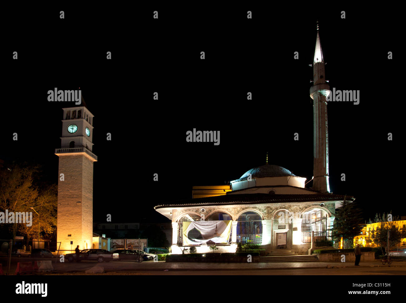 Ethem Bey mosque and clock tower in Tirana by night Stock Photo - Alamy