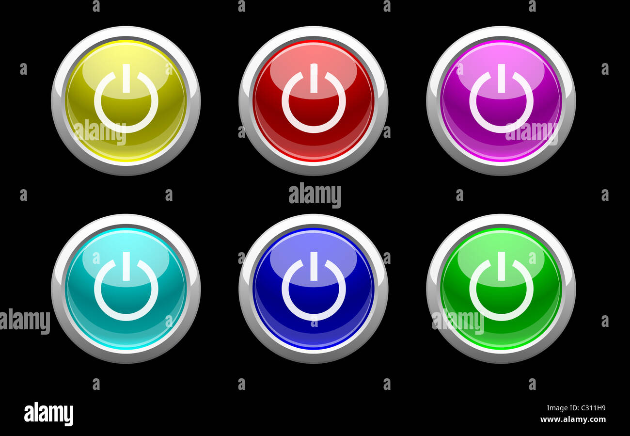 plastic buttons with power symbol on black background Stock Photo - Alamy