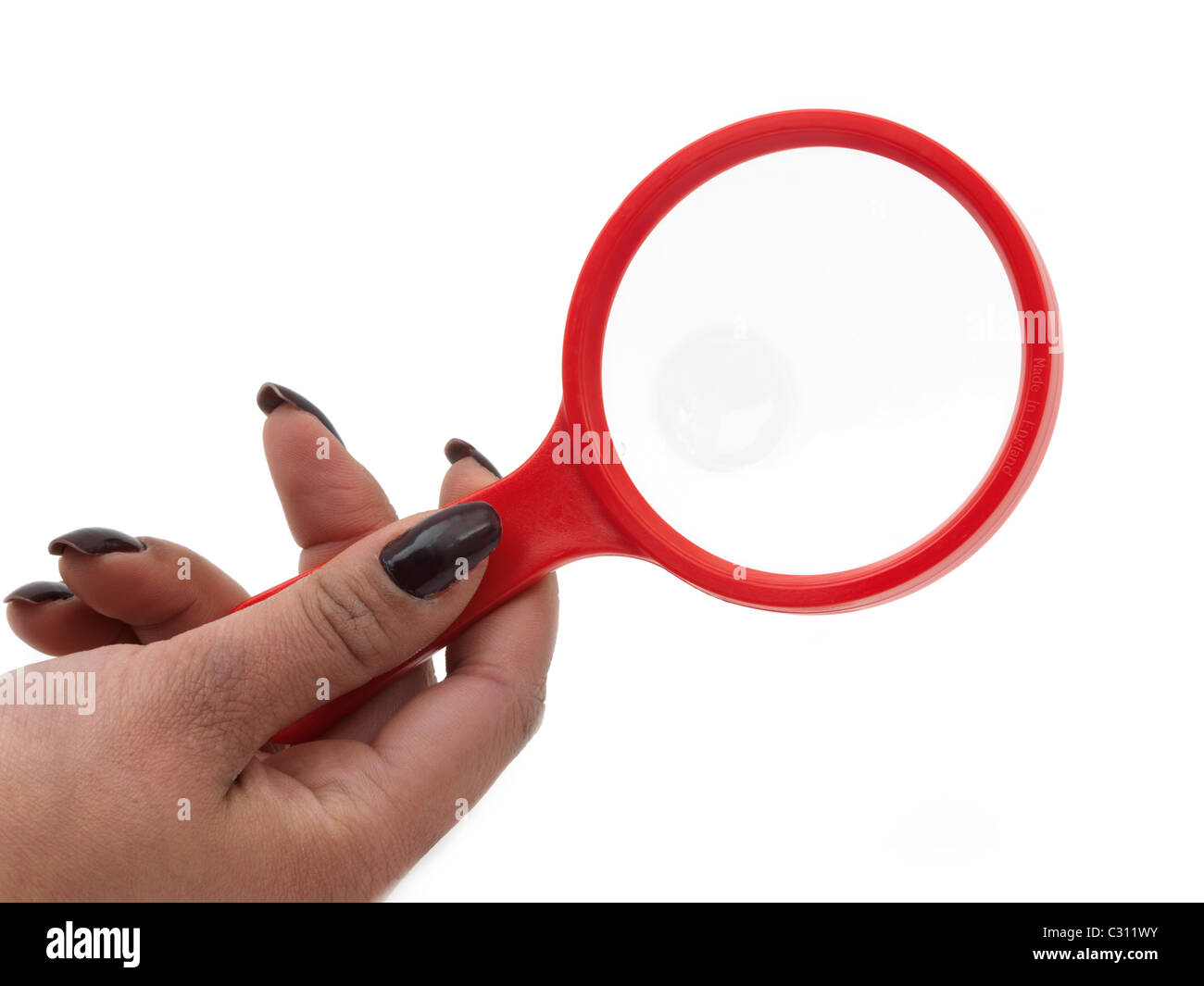 Woman's Hand Holding Red Magnifying Glass Stock Photo - Alamy
