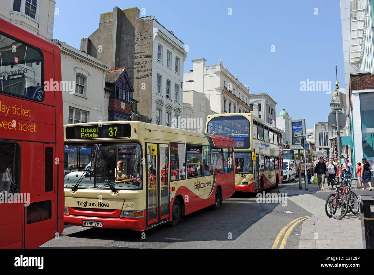 Queue of buses stuck in traffic jam in Brighton city centre UK Stock ...