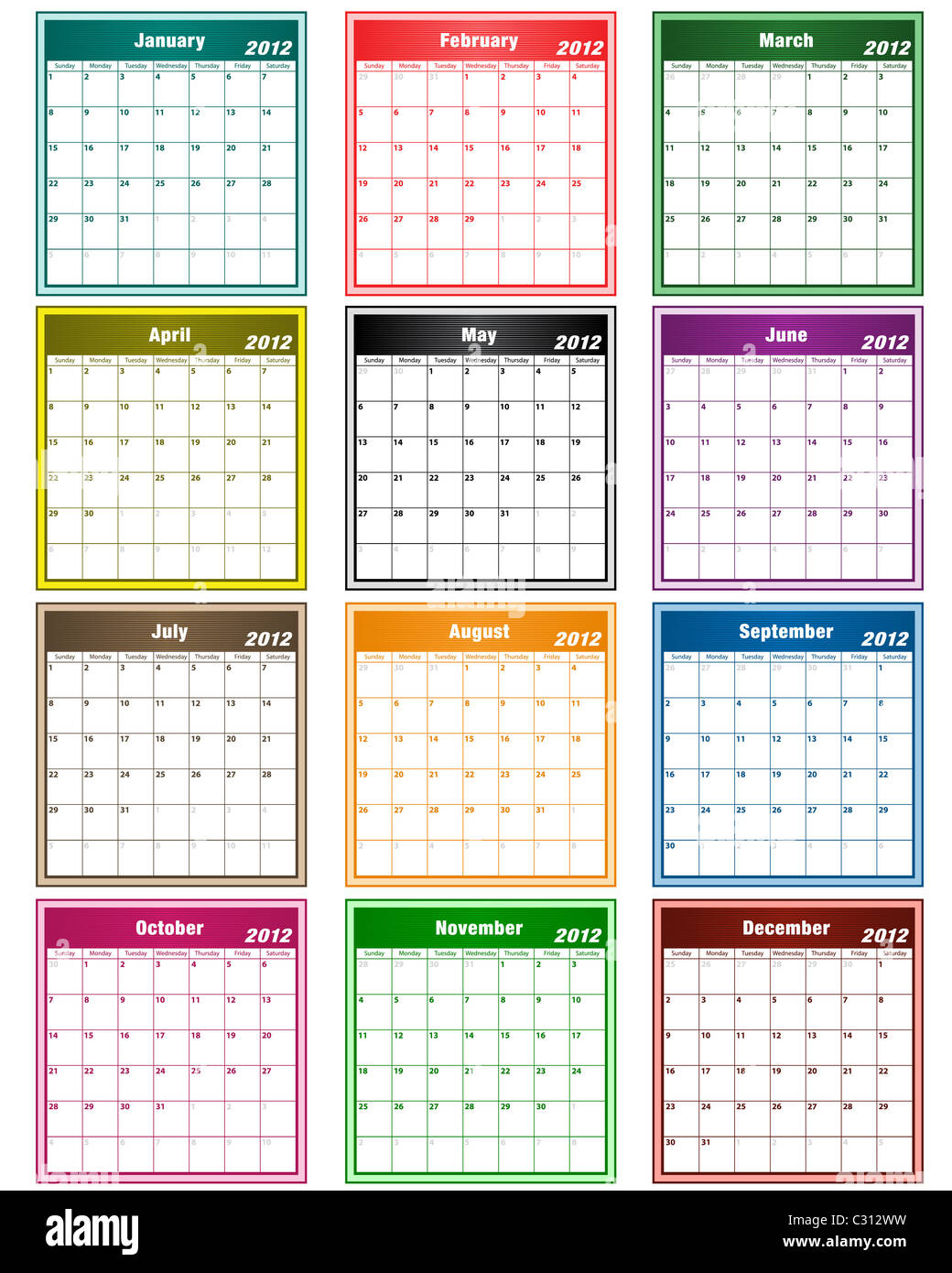 Calendar 2012 in assorted colors with large date boxes. Each month a ...