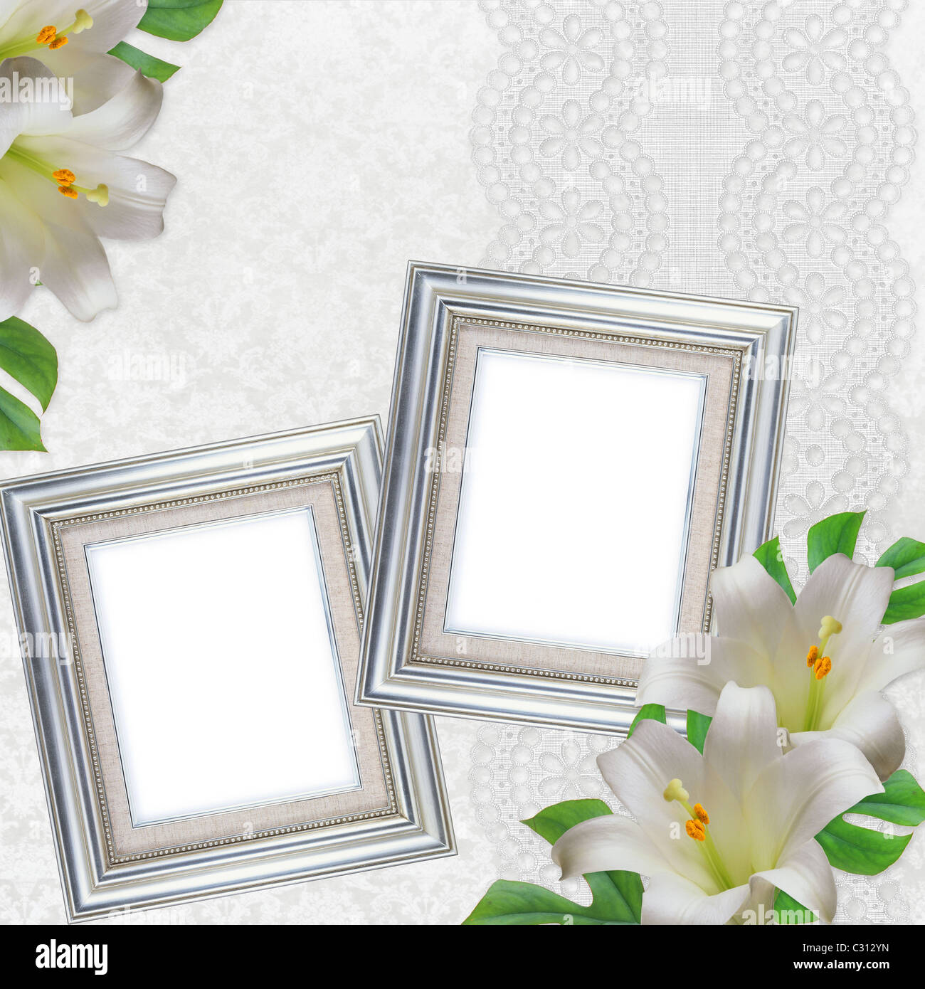 Lilies on white background with lace and 2 silver frames Stock Photo ...