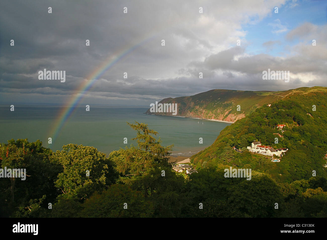 A rainbow over Foreland Point and the Bristol Channel on the coast of ...