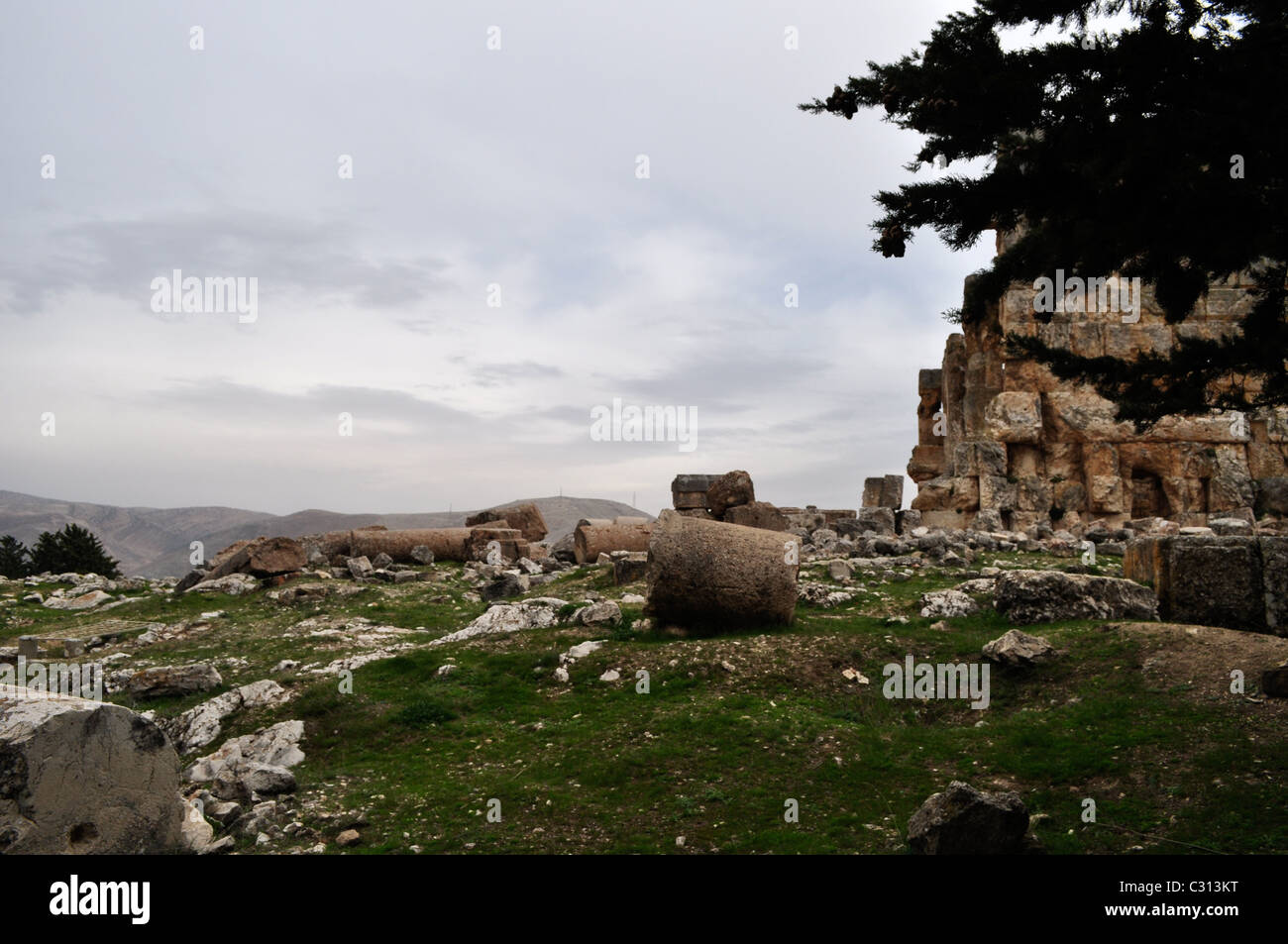 Hilltop Roman temple ruins at Majdal Anjar, Lebanon near Syrian border ...