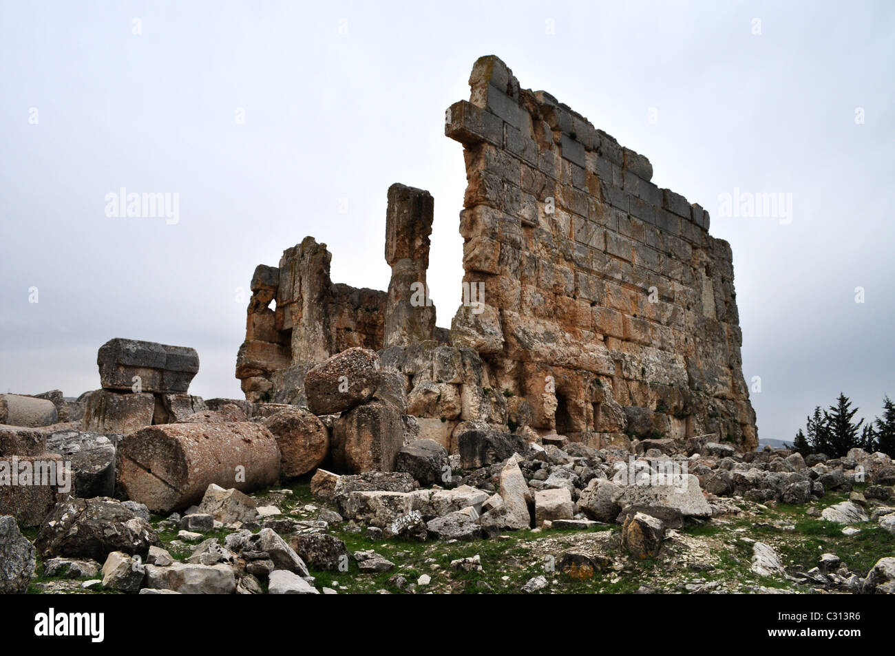 Hilltop Roman temple ruins at Majdal Anjar, Lebanon near Syrian border ...