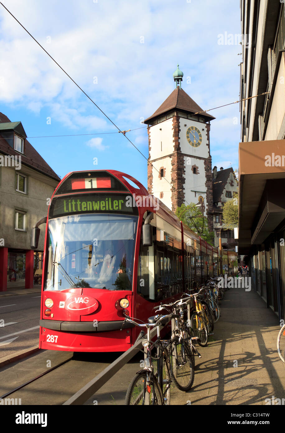 A tram in front of the Schwabentor, historic town gate Freiburg ...