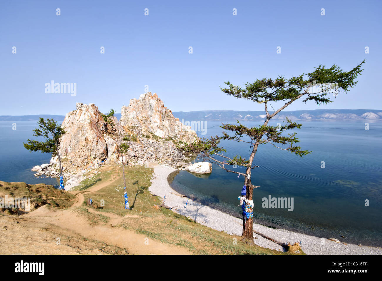 Siberia landscape. Cape Burkhan, island Olkhon, Lake Baikal. Buryat ...