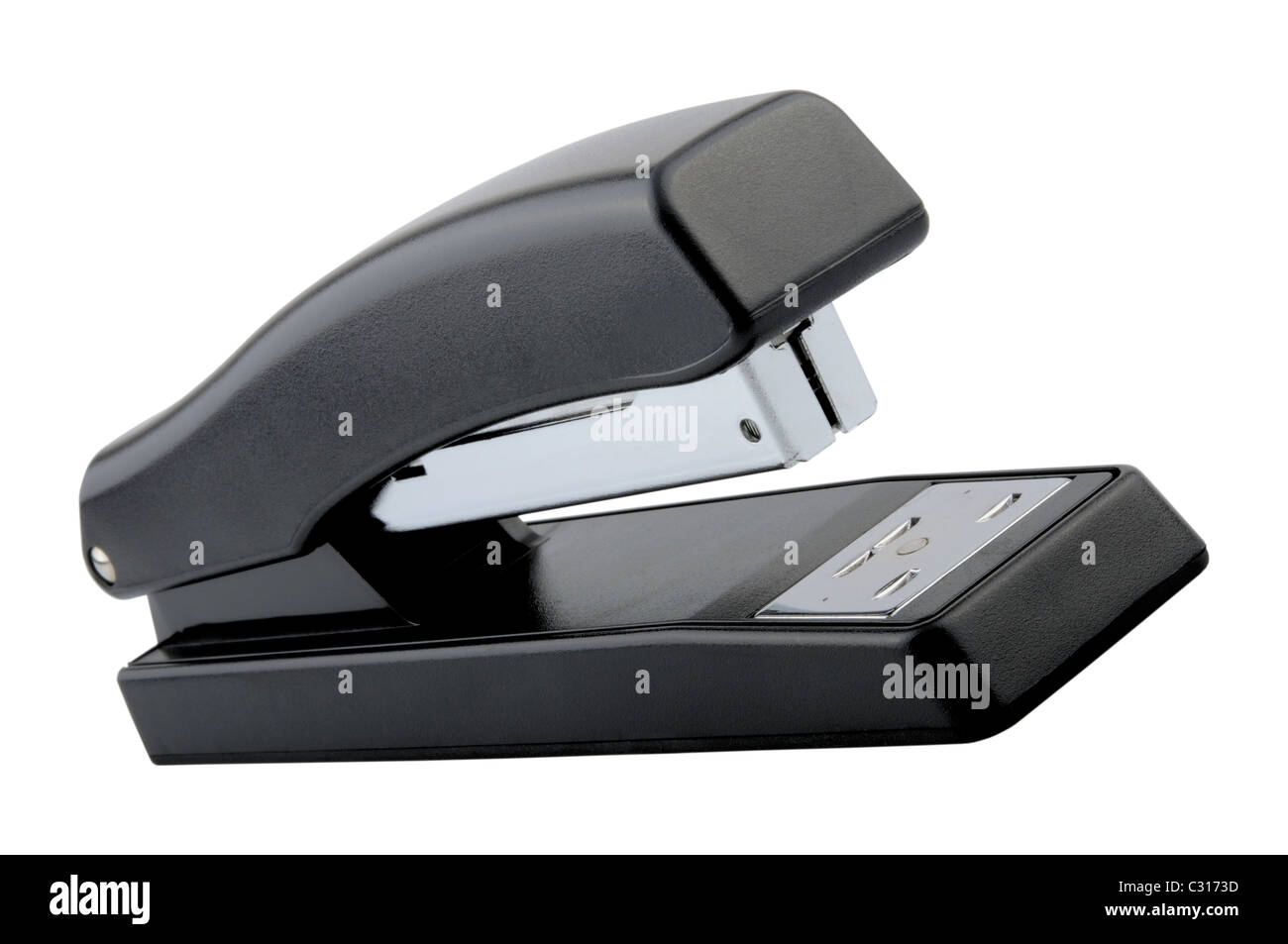 Angled View of a black stapler, isolated on a solid white background ...