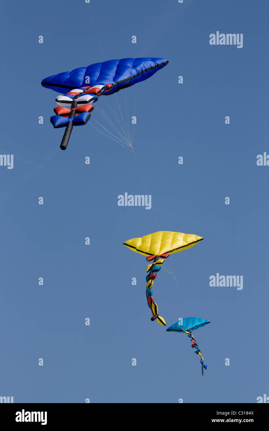 Three kites flying at Streatham Park, family kite day Stock Photo - Alamy