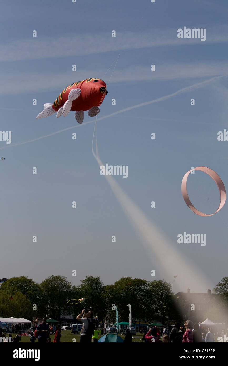 A large read fish shaped kite in the distance at Streatham Park family ...