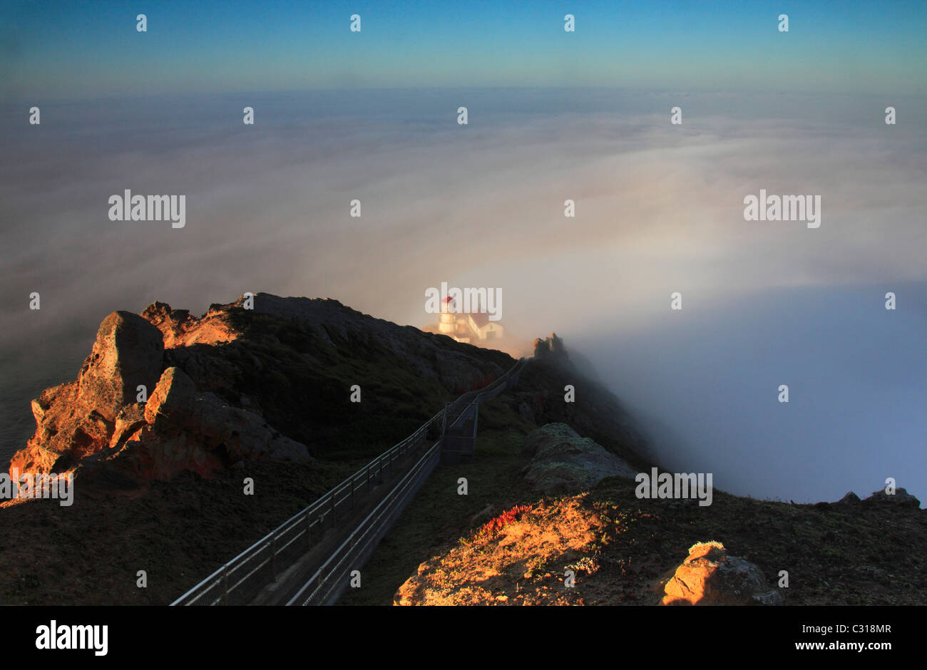 Sunrise fog over Pacific Ocean at the Pt. Reyes Lighthouse, Pt. Reyes ...