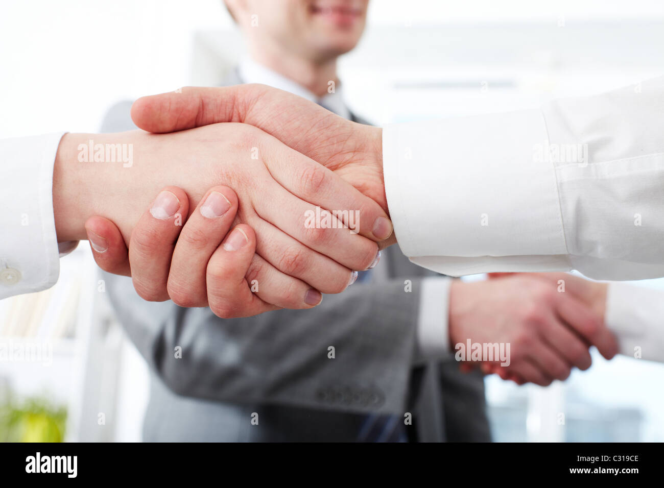 Photo of two pairs of partners arms handshaking after striking deal ...