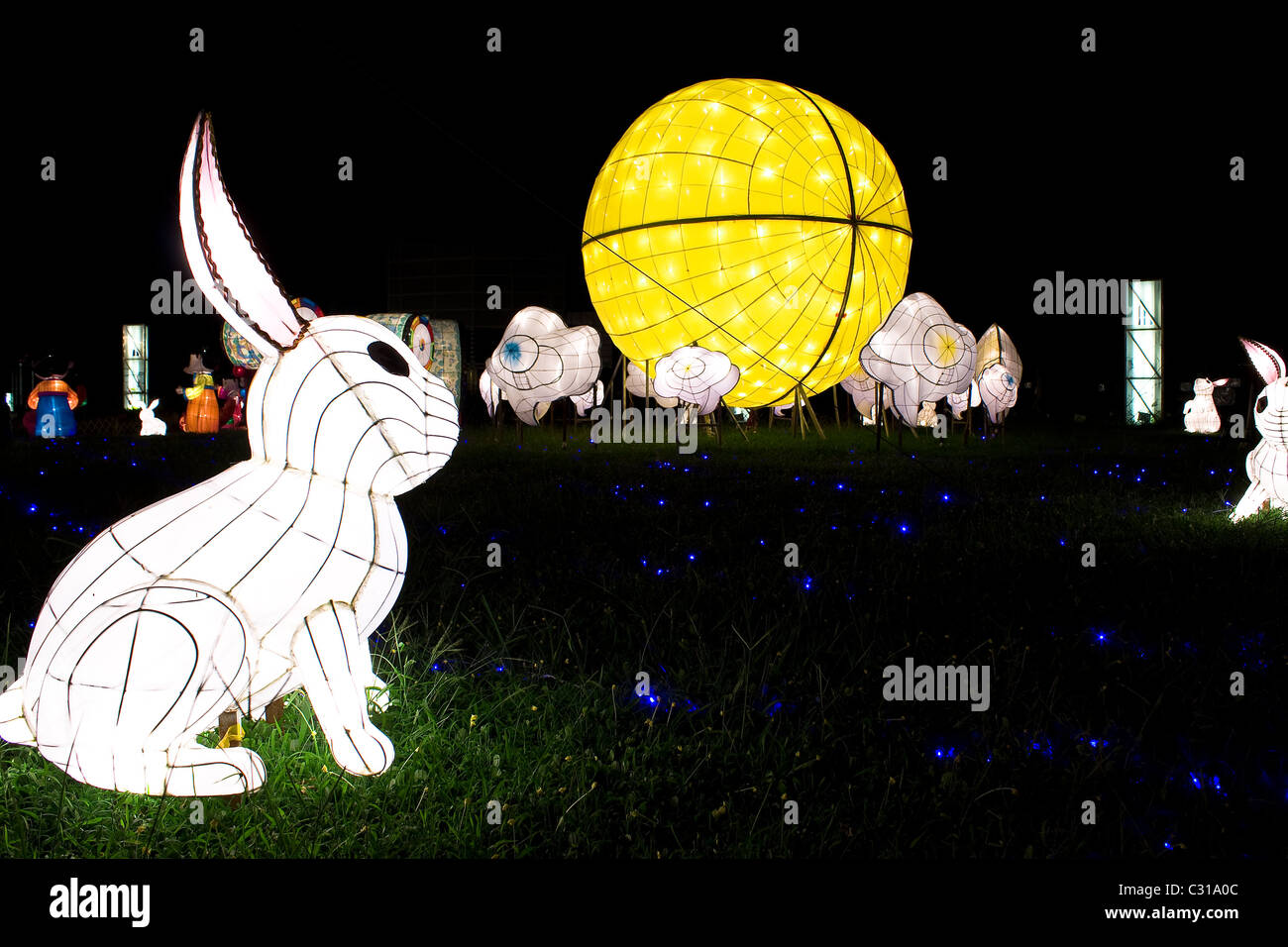 rabbit lantern looking the moon for the Moon Festival at night Stock ...